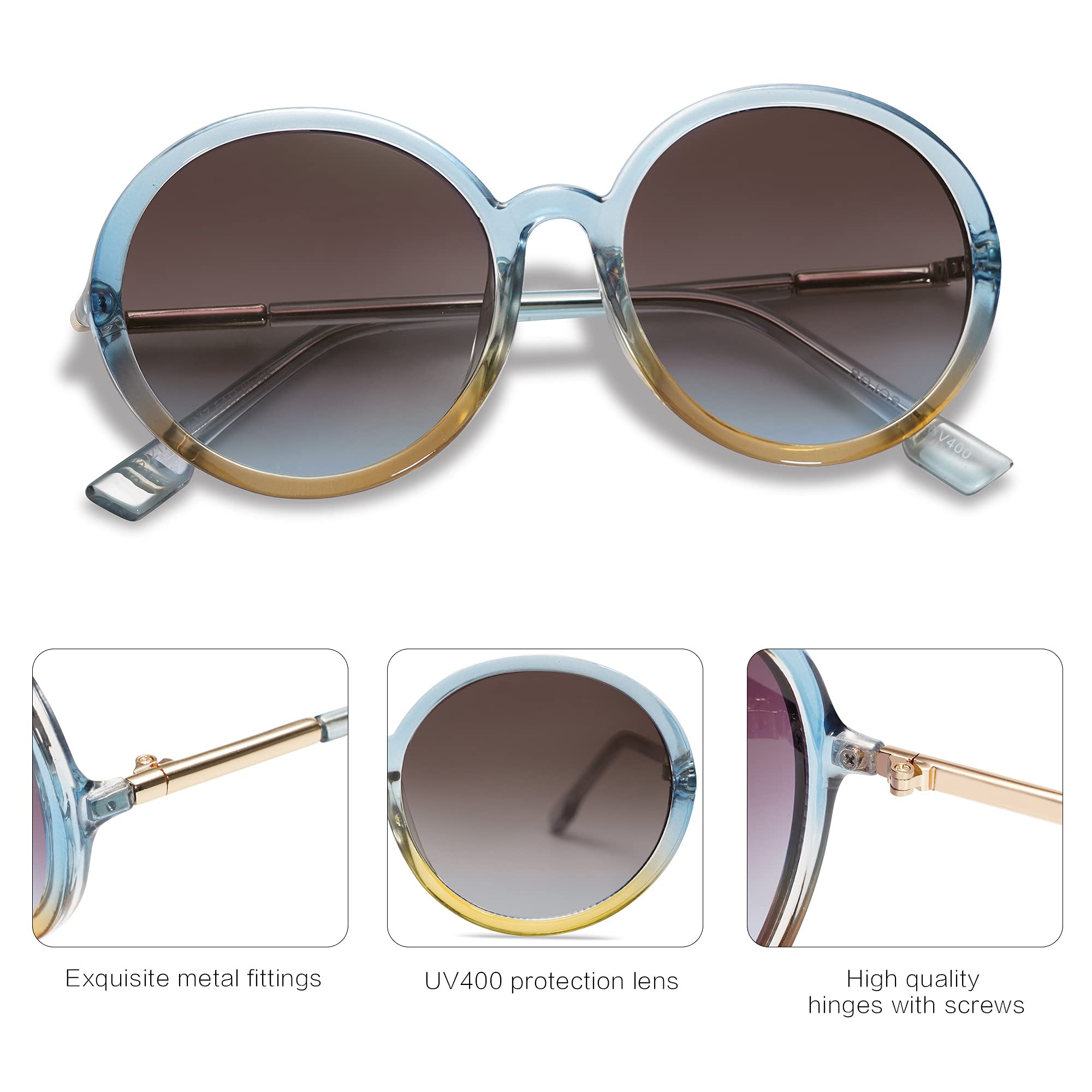 SOJOS Vintage Round Sunglasses for Women Classic Retro Designer Style SJ2121 with Transparent Blue Yellow Frame Gradient Grey Lens
