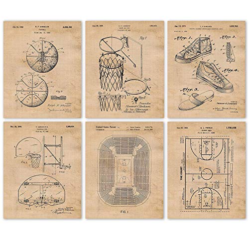 Vintage Basketball Patent Prints, 6 (8x10) Unframed Photos, Wall Art Decor Gifts Under 25 for Home Office Garage Shop School Gym Student Teacher Athlete Coach National Championship Sports Fan