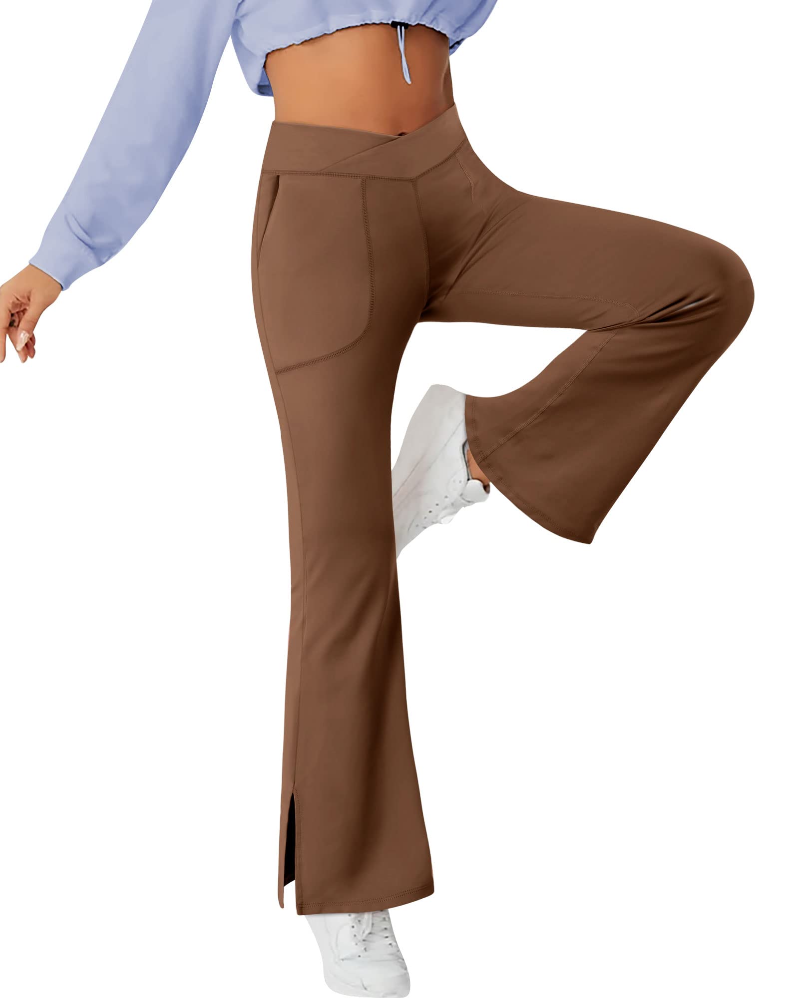 MYMORE Yoga Pants with Pockets for Women V Cut High Waist Bootcut Workout Bell Bottom Crossover Flare Leggings Brown