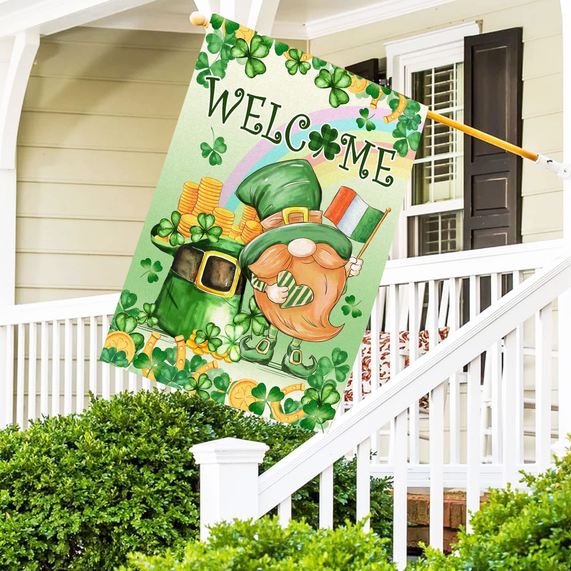 St Patricks Day Flag, St. Patrick's Day Flags 28 x 40 Double Sided, Saint Patricks Day Burlap House Flag with Leprechaun Gnomes Shamrock Clover Green Hat Welcome Signs for Outdoor Lawn Garden Decor