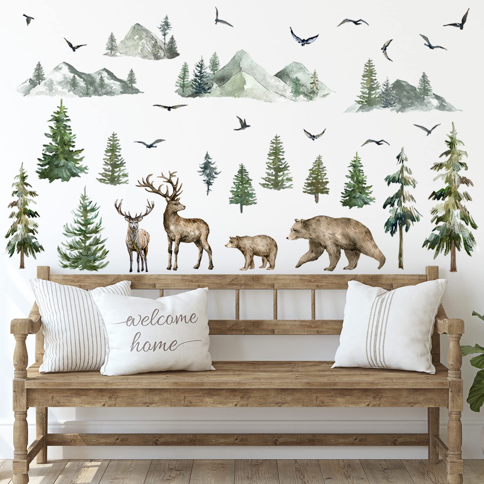 Mountain Wall Decals Large Pine Tree Wall Decals Peel and Stick Forest Tree Deer Birds Animal Wall Decals Mountain Tree Wall Stickers for Kids Room Nursery Decor