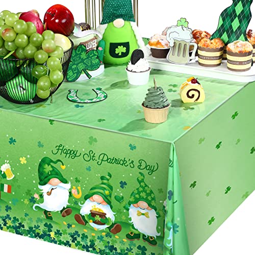 Tegeme 3 Pieces Happy St. Patrick's Day Tablecloths, Gnome Shamrock Pattern Table Covers Green Disposable Plastic Rectangular Table Cloth for Dinning Room Kitchen Party Decor, 108 x 54 Inches