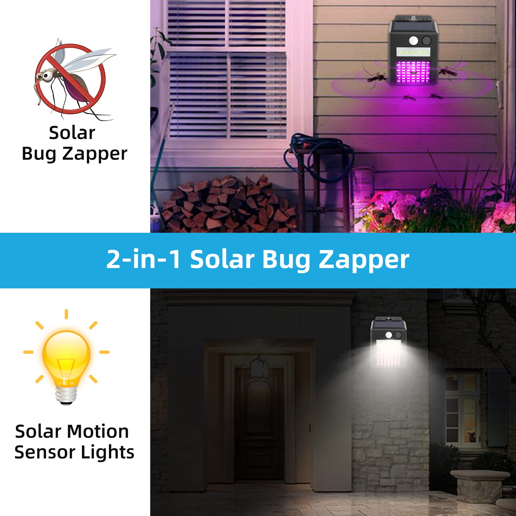 X-PEST Solar Bug Zapper, 3-in-1 Solar Mosquito Zapper Outdoor, Motion Sensor LED Lights for Illumination and Eliminate Gnats, Bugs, Moths, Mosquitoes, 2 Pack Mosquito Killer Trap for Outdoor Use