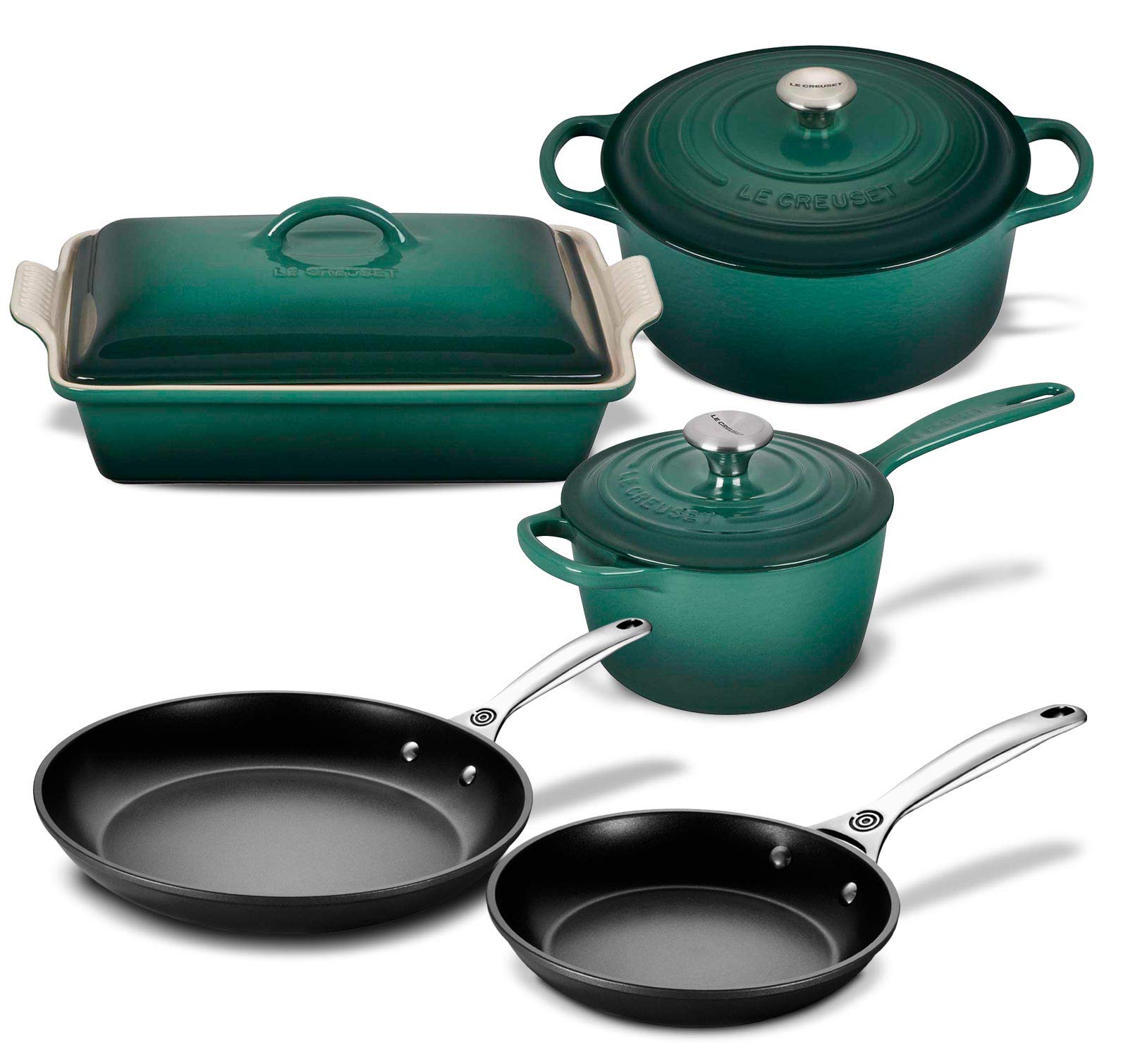 Le Creuset 8 Piece Multi-Purpose Enameled Cast Iron with SS Knobs, Stoneware, and Toughened Nonstick PRO Fry Pan Complete Cookware Set - Oyster