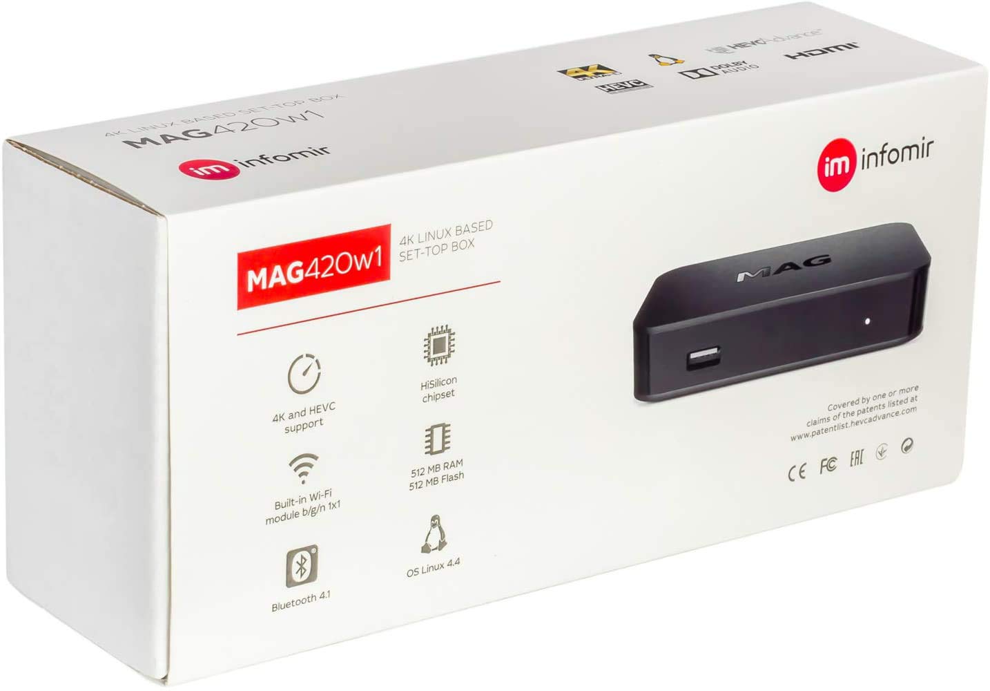 MAG 420w1 4K and HEVC Support, 512 MB RAM, 512 MB NAND, USB × 2 pcs. (3.0, 2.0), Built-in Wi-Fi, Linux OS, HDMI and RCA outputs