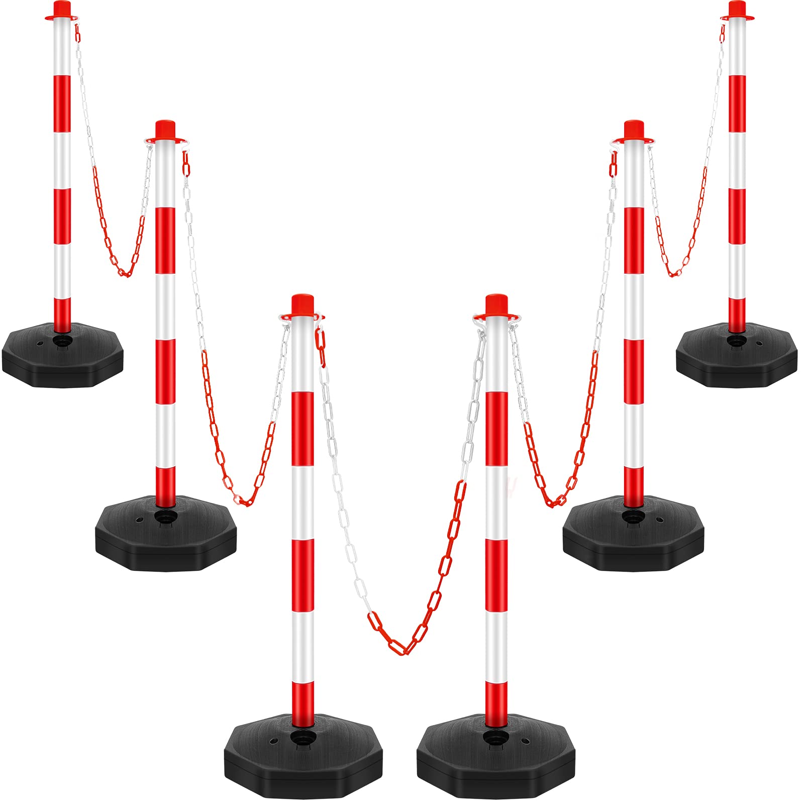 Traffic Delineator Post Cone, Plastic Stanchion Post Set Crowd Control Stands Barrier with 6.6 ft Link Chain and S Hooks for Parking Lot Construction Caution Roads, Red, White (6 Pack)