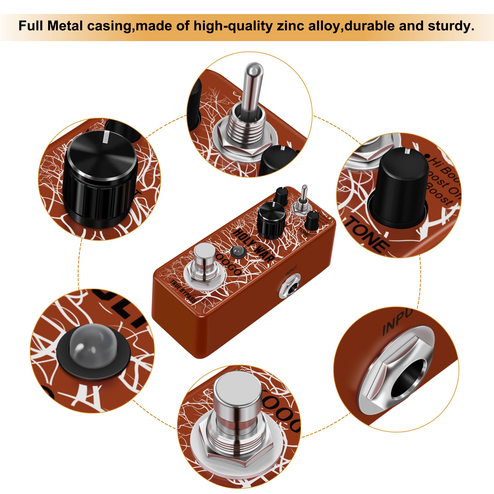 Koogo Heavy Metal Distortion Pedal Holy War Effect Pedals for Electronic Guitar Bass with 3 Modes Hi Boost/Low Boost/Boost Off True Bypass