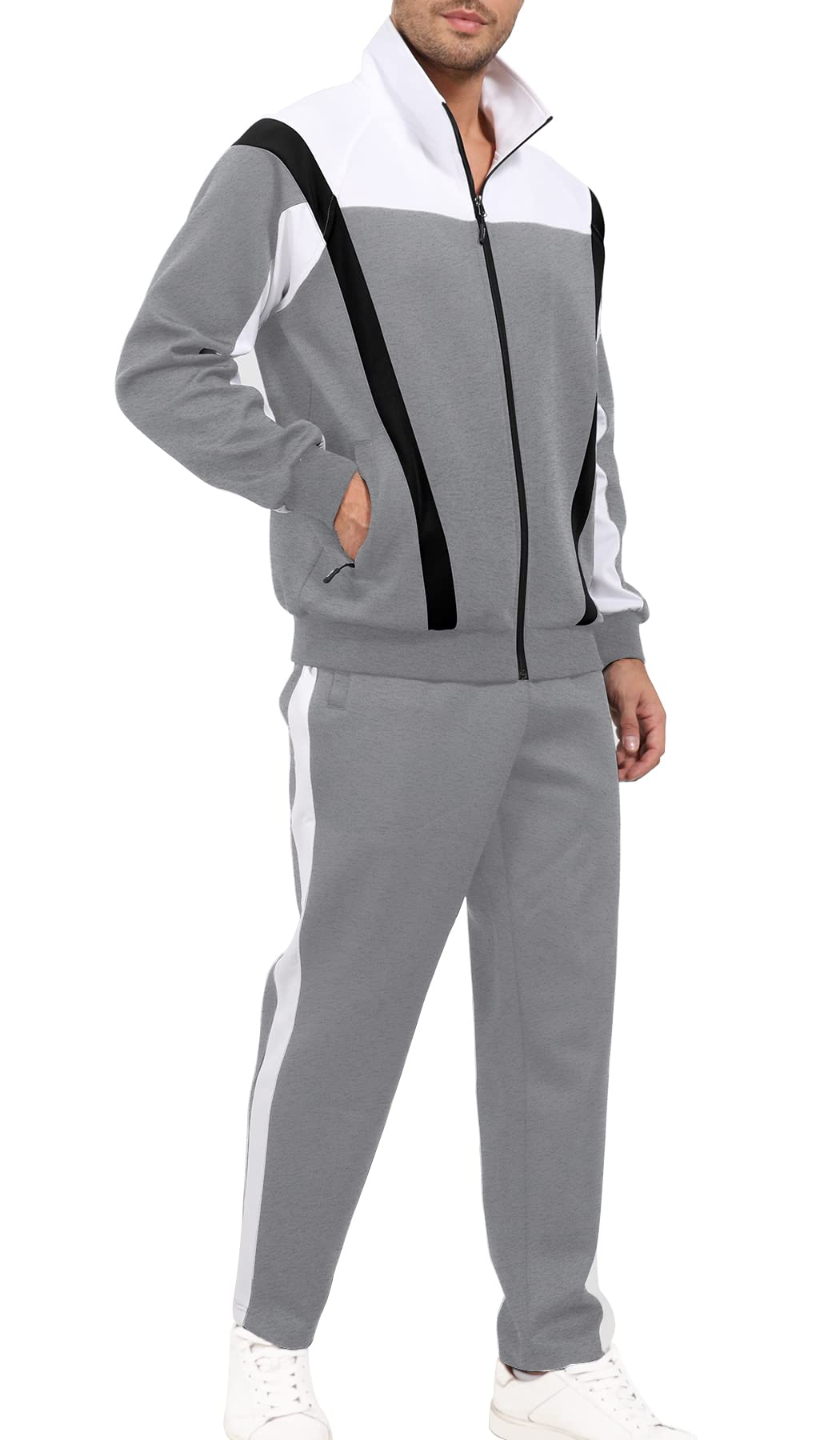 November's Chopin Men's Tracksuit 2 Piece Sports Sweatsuit Sets Casual Jogging Athletic Suits for men Grey Black Large