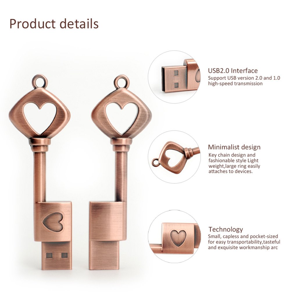 LEIZHAN Metal Key USB Flash Drive 5 Pack 16GB Love Heart Shape Thumb Drive USB Computer Memory Stick Pen Drive Graduation Gift Pendrive