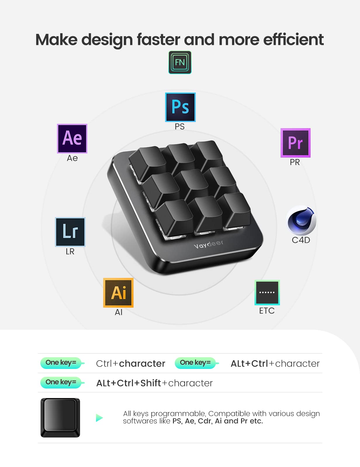 Vaydeer One-Handed Mechanical Keyboard Support NKRO, Hotkeys, One-Click Start,9 Fully Programmable Keys with Floating Window and Macro Multifunctional Keypad for iOS,Windows, Gift Idea for Him/Her