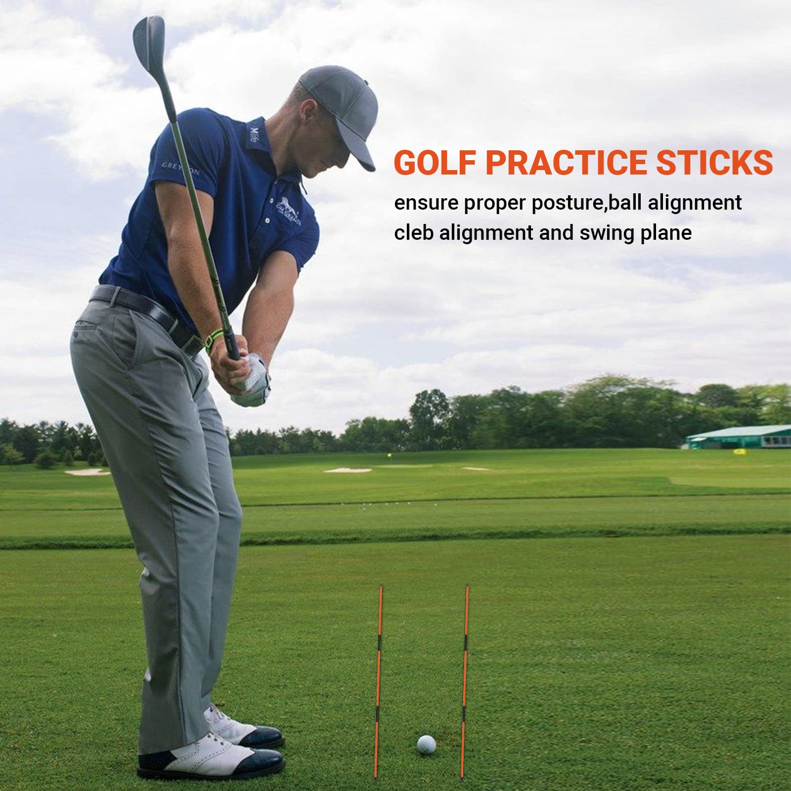 MSOAT Golf Alignment Training Sticks, 46 Inch Foldable Putting Swing Aiming Trainer, 2 Pack 3 Sections Golf Training Aid for Aiming with Box (Orange)