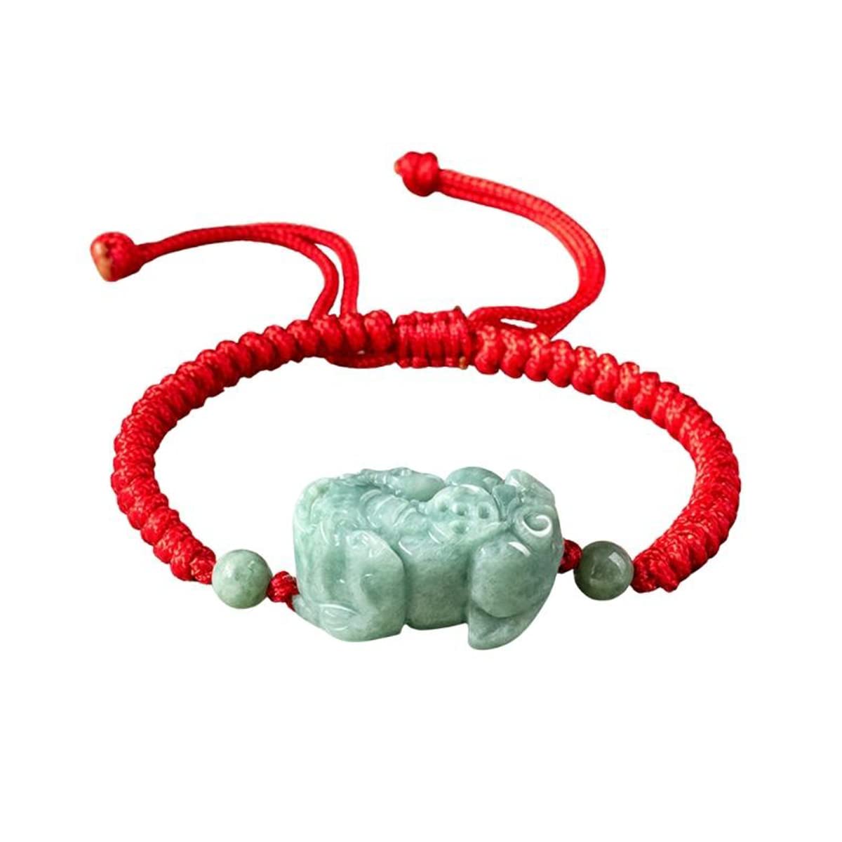 Qordelia Natural Grade A Jadeite Jade Pixiu Red String Bracelet, Bell