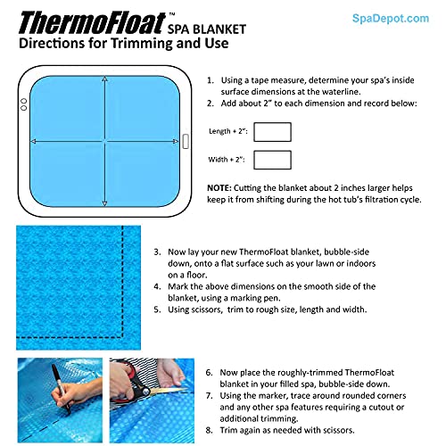 Spa Depot Thermo-Float 16-mil 7ft x 7ft Hot Tub Bubble Cover Floating Spa Blanket - trimmable Heavy-Duty Insulating Solar Heating