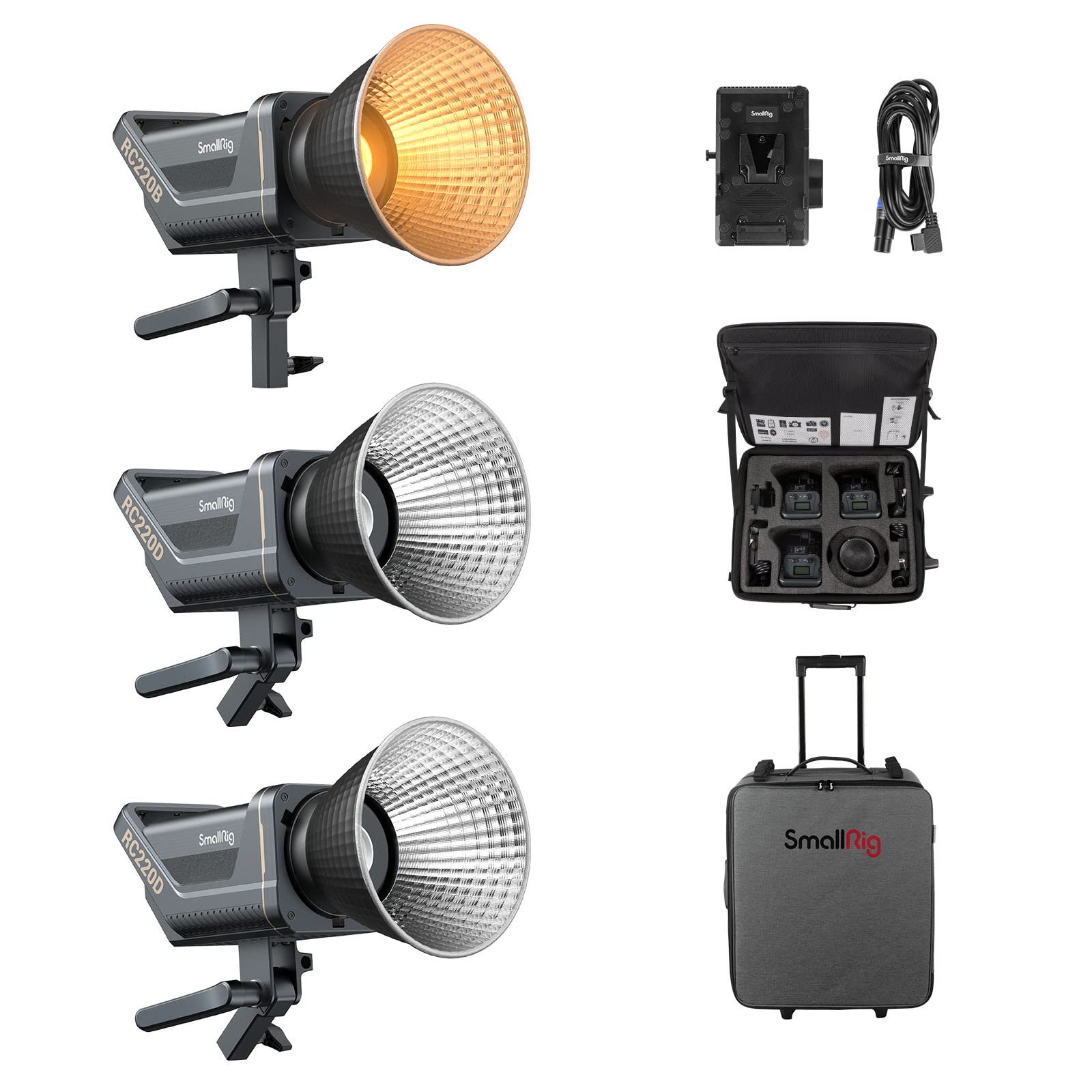 SmallRig 2xRC220D+1xRC220B 3-LED Video Light Kit 98,700/84,500 LUX @3.3ft Continuous Output Light with TLCI 96+ CRI 95+, 9 Lighting Effects, V-Mount Battery Plate, Professional Studio light-4012