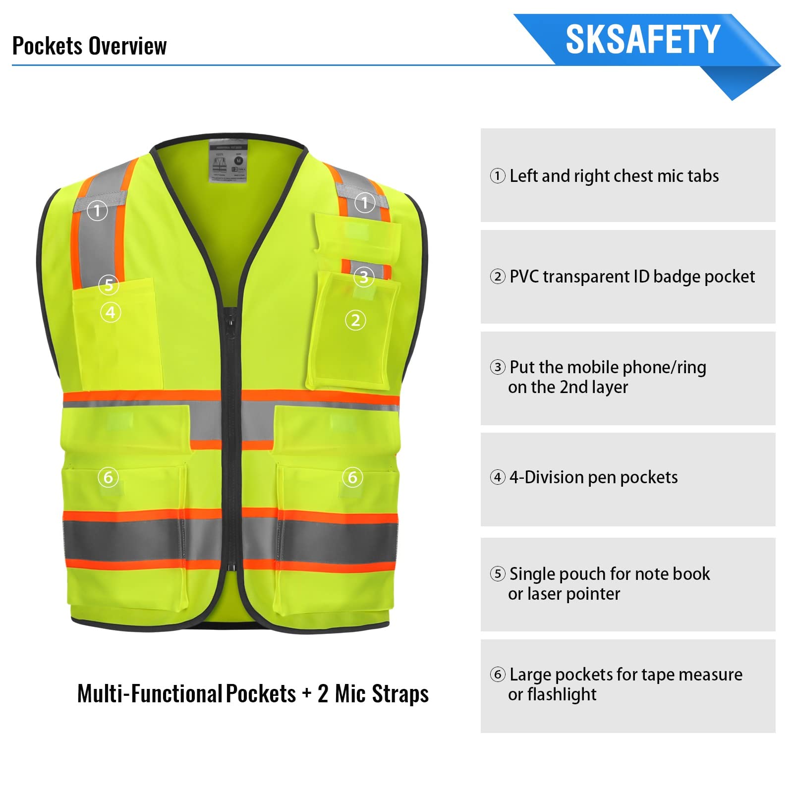 SKSAFETY 9 Pockets Safety Vest, Class 2 Classic models High Visibility Security with Zipper, Hi Vis Vest with Reflective Strips, ANSI/ISEA Standard, Construction Work Vest for Men & Women (Lime, XL)