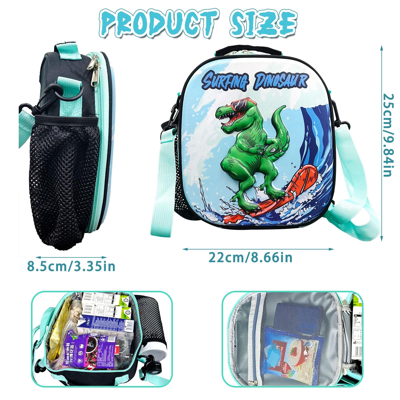 Lebsitey Lunch Bag, Reusable Insulated 3D Cartoon Pattern Dinosaur Lunch Bag with Handle and Bottle Pocket for Boys Back to School Preschool Kindergarten Elementary and Picnic Travel