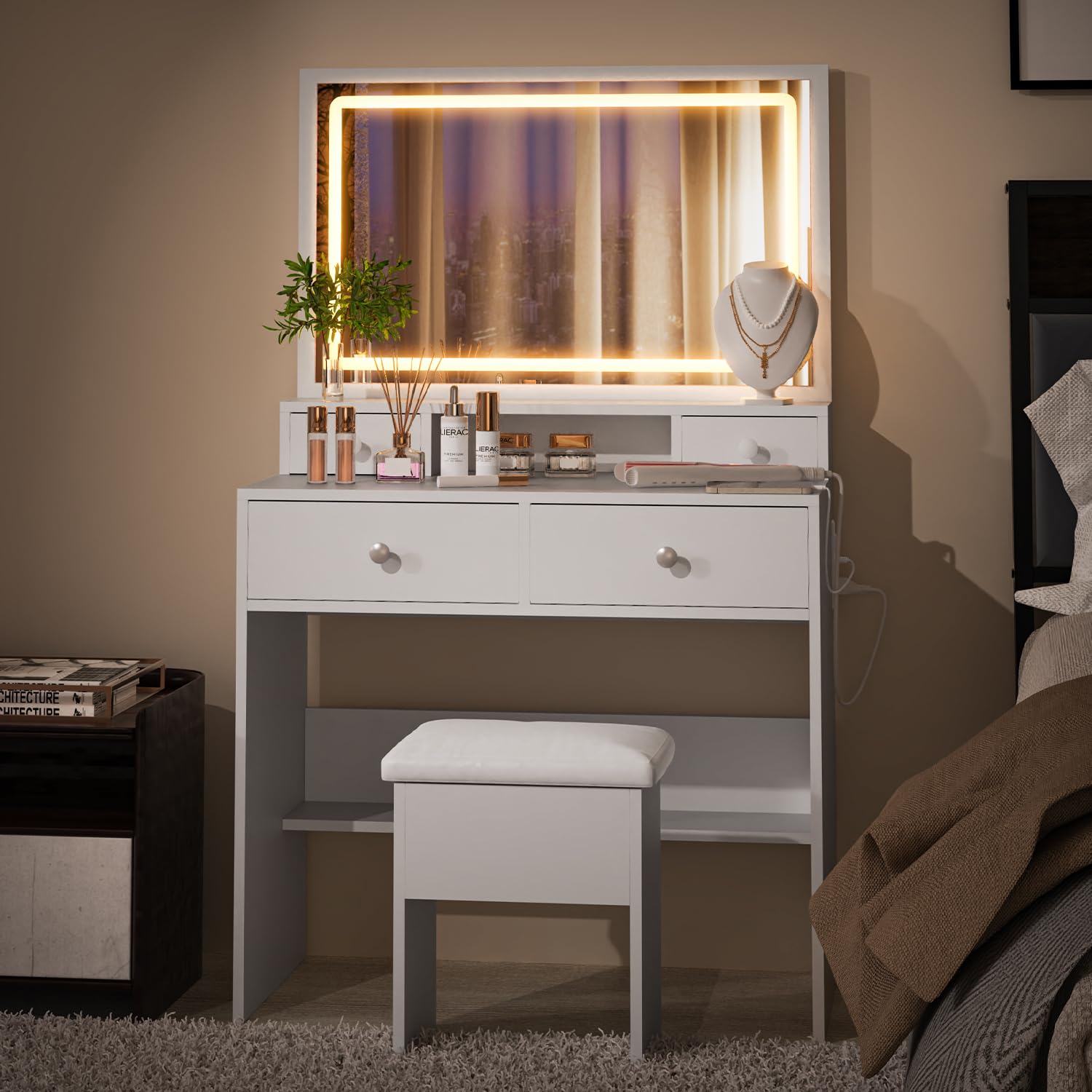 LECEVOCY Vanity Desk Set with LED Lighted Mirror & Power Outlet, Dressing Makeup Table Set with Storage Stool, 4 White Drawer for Bedroom, Bathroom