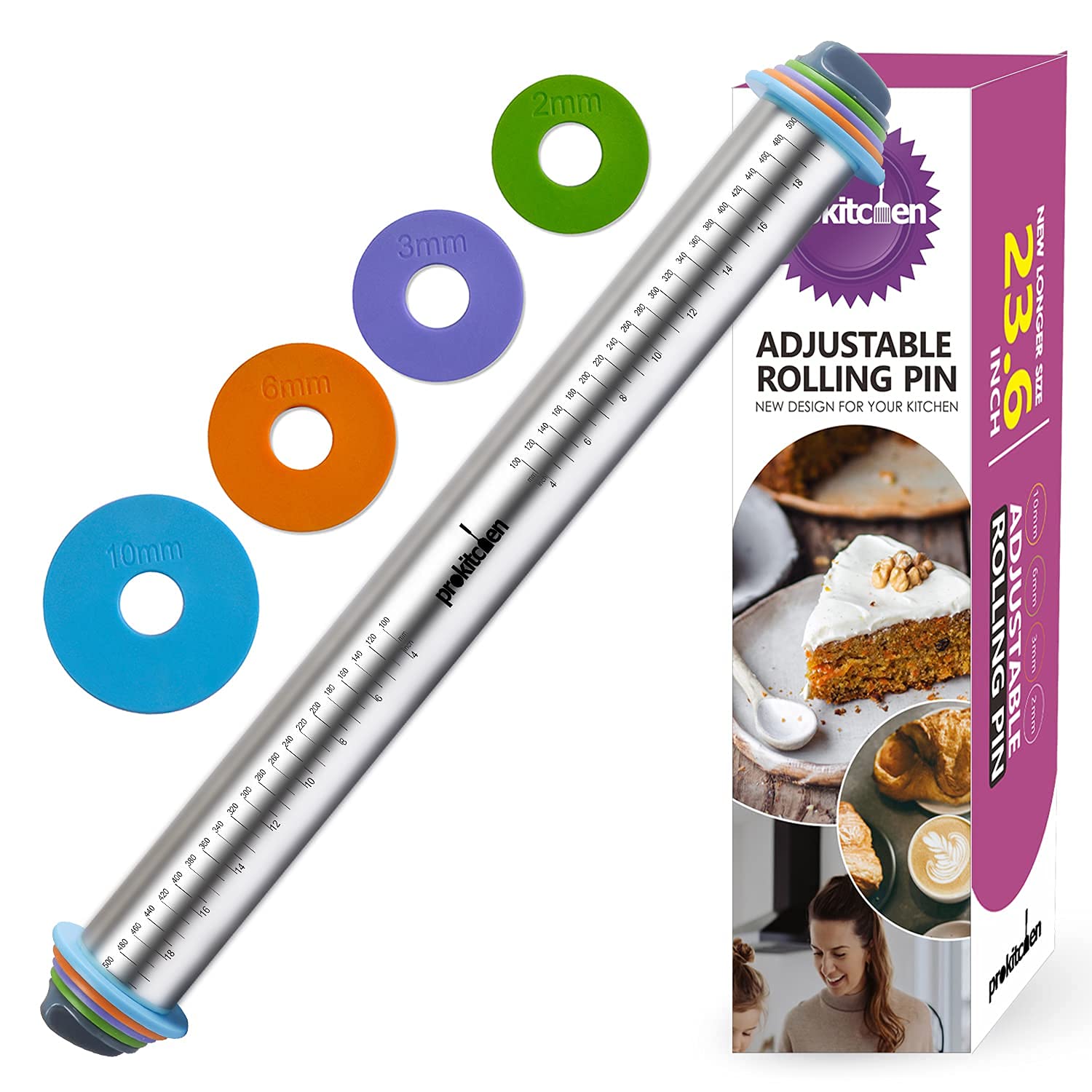 Prokitchen 23.6 Inch Rolling Pin with Thickness Rings-Adjustable Stainless Steel Roller Guides Spacers Baking Tools for Dough Pizza Pie and Cookies