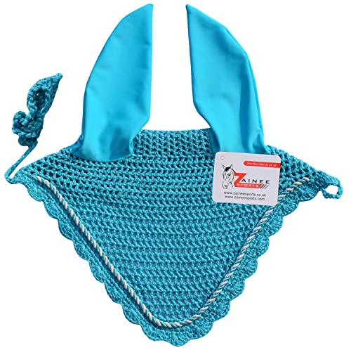 Zainee Sports Horse Ear Bonnet Ear Net Hat Fly Bonnet Hood Mask Fly Veil Full Hand Made Cotton (Horse/Full, Teal)