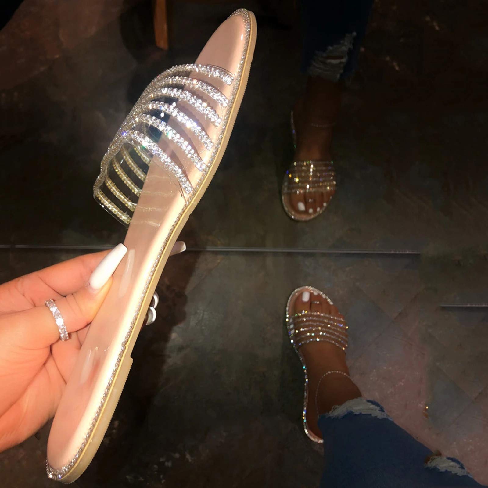 NOLDARES Sandals for Women Summer Casual Open Toe Rhinestone Slipper Slip-On Comfy Casual Flat Sandals