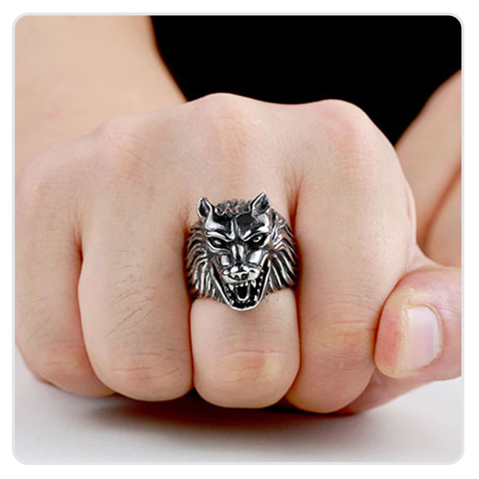 Nsitbbuery Hip Hop Jewelry Biker Ring Stainless Steel Wolf Head Band Ring(Steel(11))