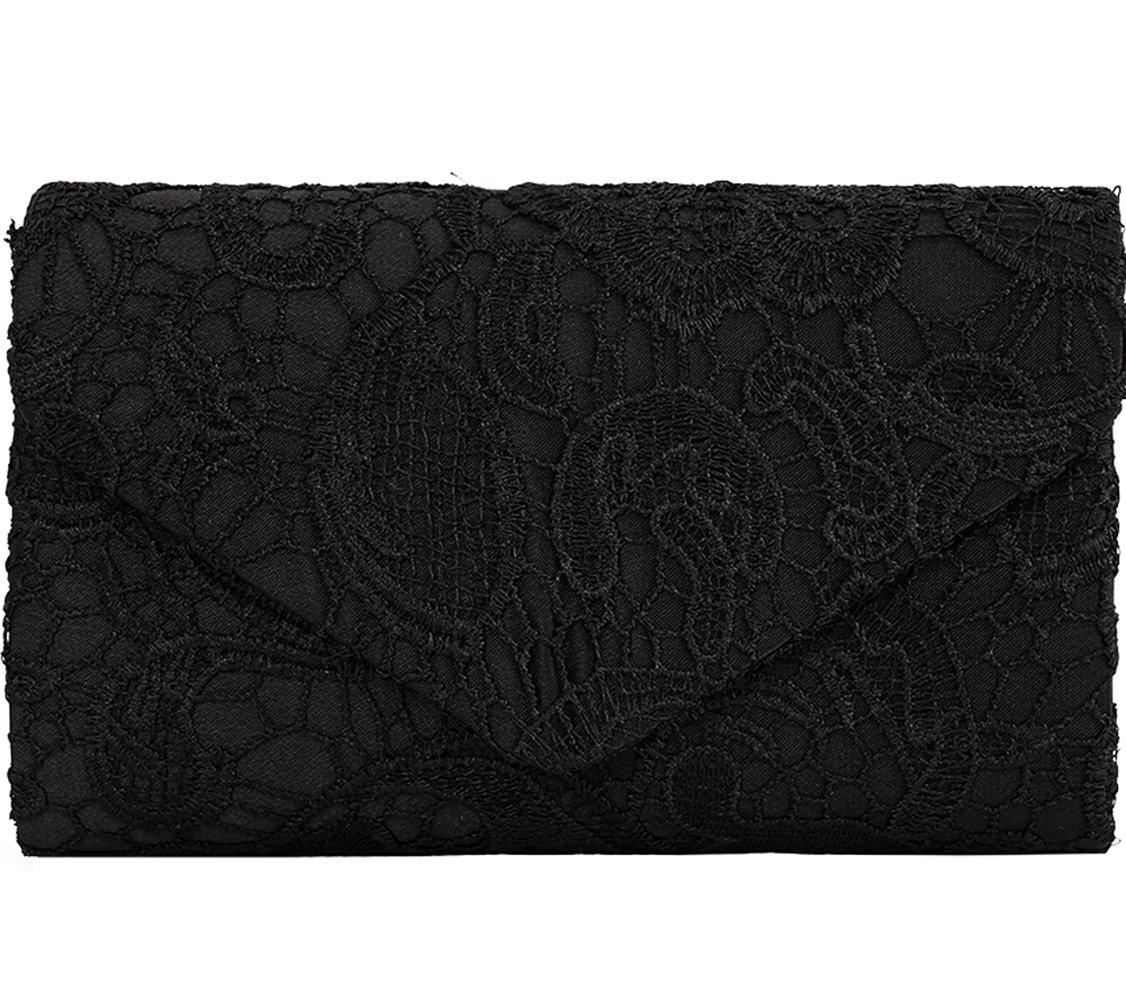 Jubileens Women's Elegant Floral Lace Envelope Clutch Evening Prom Handbag Purse (Black)