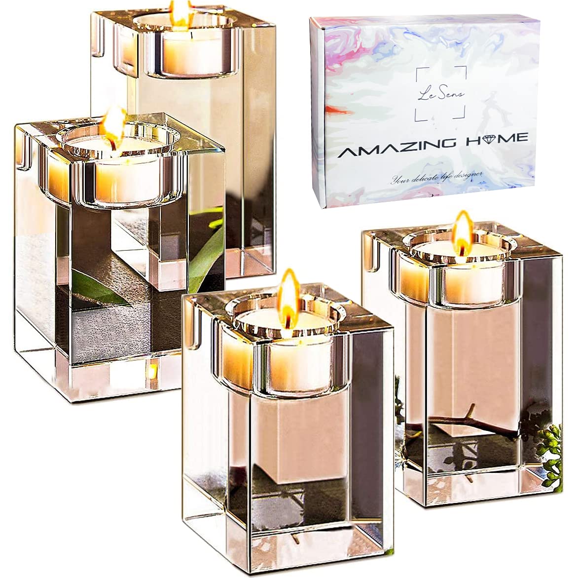 Le Sens Amazing Home Large Crystal Candle Holders Set of 4, 3.9 inches Height