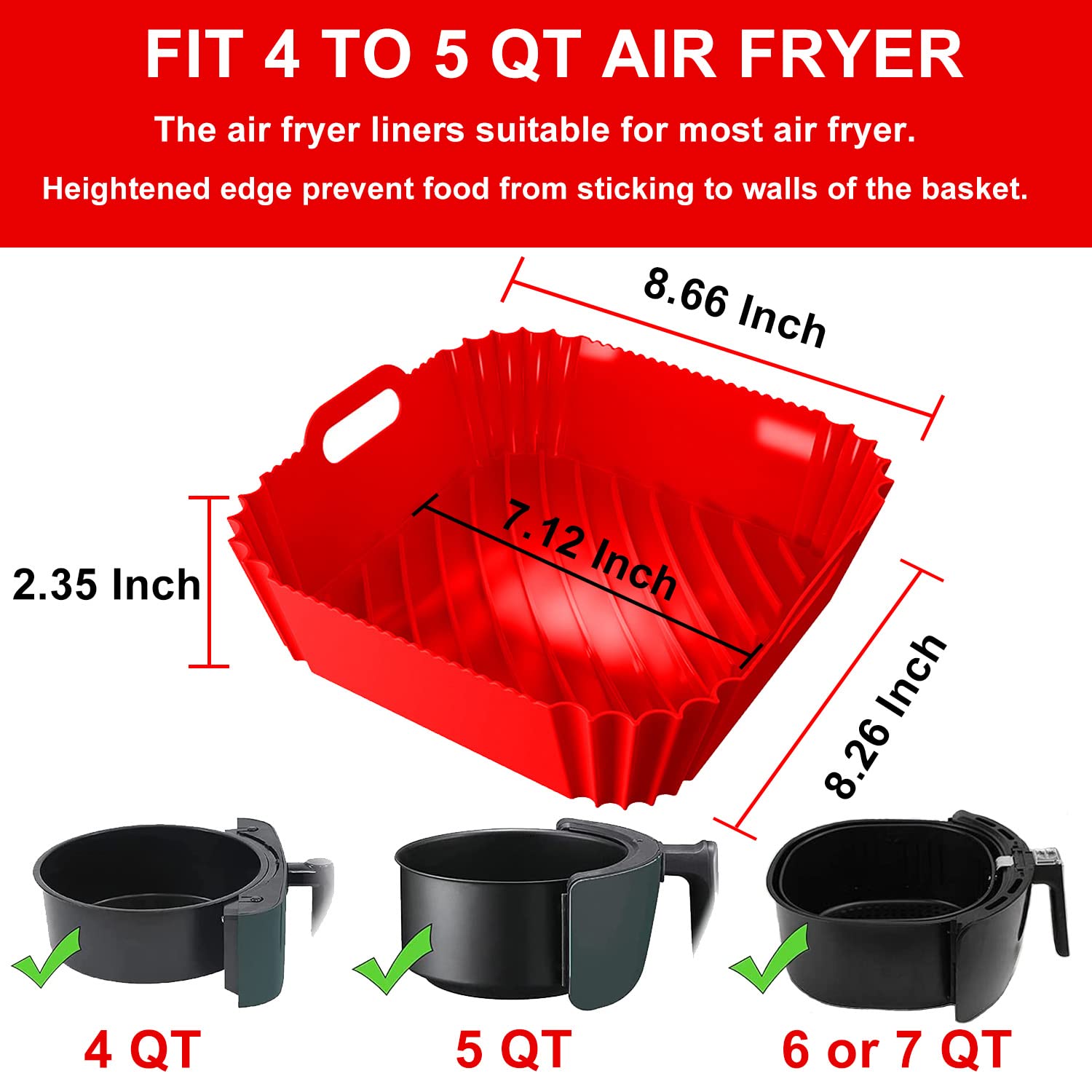QURAR 2 Pack Air Fryer Silicone Liners | Top 8in, Bottom 7in | Silicone Liners Pot for 4 to 7 QT, Reusable Square Food Safe Silicone Basket Replacement of Flammable Parchment Paper, (Red & Pink)
