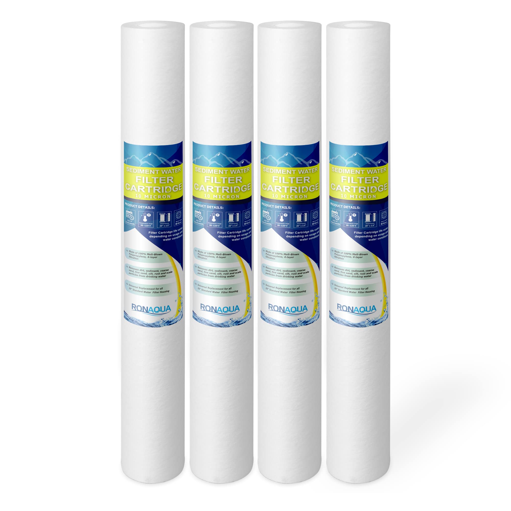 Standard Whole House Melt-blown Four Layers Filtration Polypropylene 10 Micron Sediment Filter 20” x 2.5” Fits 20” x 2.5” Housings. Compatible with FPMB5-20, FPMB520, SDC-25-2005/4, VX05-20 Pack of 4