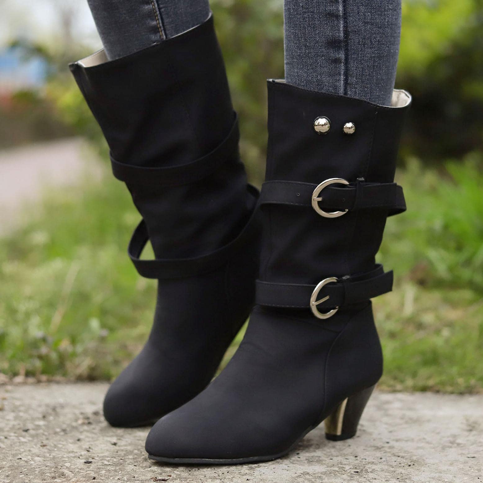 NOLDARES Women's Mid Calf Boots Pointed Toe Pull On Embroidery Mid Heel Cowgirl Boots Women Chunky Heel Boots