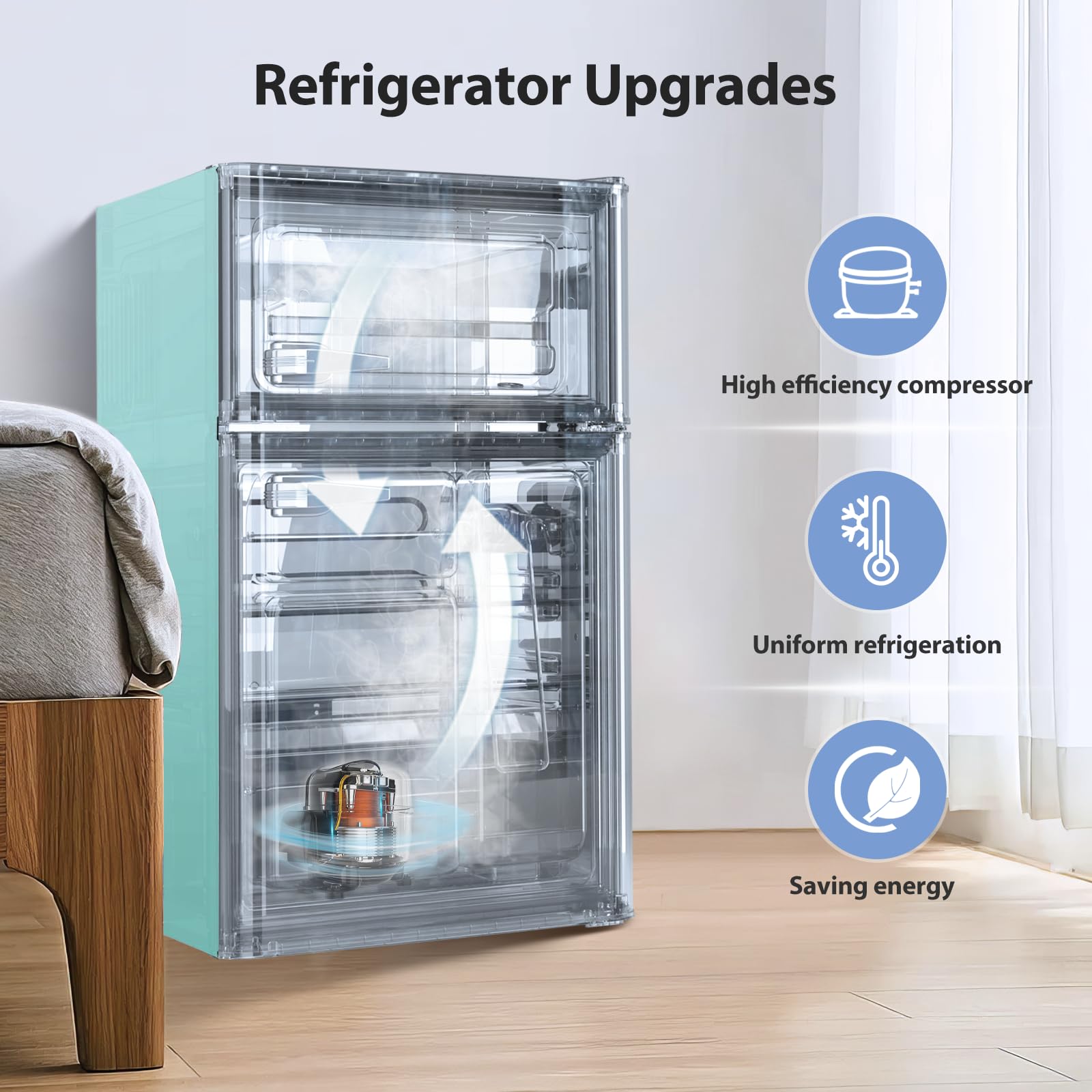 Kismile 3.2 Cu.Ft Mini Fridge with Freezer,Freestanding Compact Refrigerator with Freezer,Adjustable Temperature,2 Door Mini Fridge for Home,Office,Dorm or RV, Apartment-Food Storage or Drink Beer