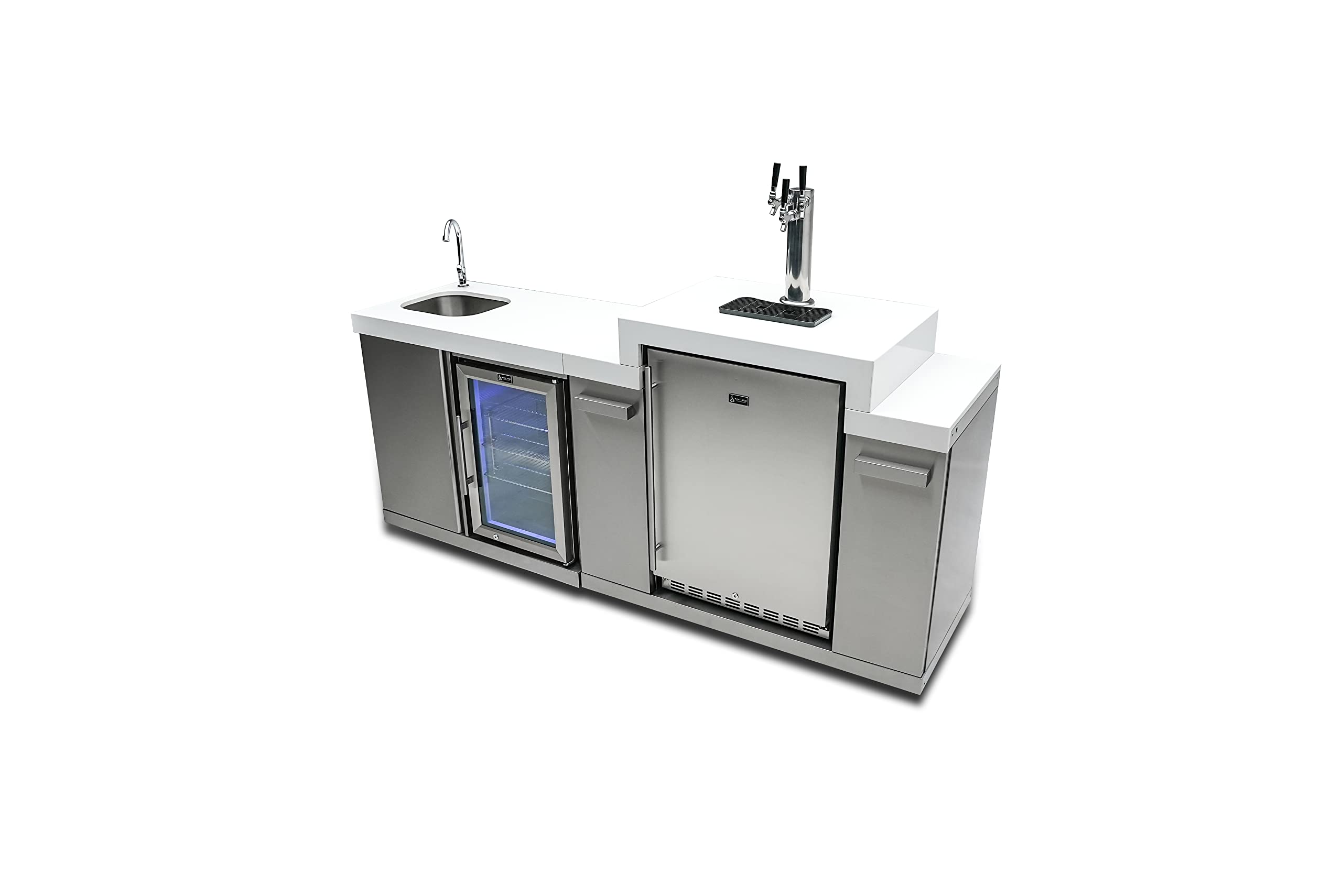 Mont Alpi Bar Series MA-BEVKEG Stainless Steel Outdoor Rated 3 Beer Tap Kegerator Keg Center Dispenser + Beverage Center with Compact Refrigerator + Granite Countertops