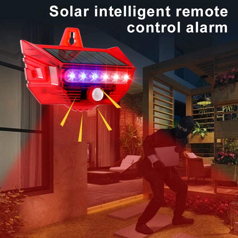 Solar Strobe Alarm Light Motion Sensor Siren Outdoor IP65 Waterproof Solar Security Light 129DB Siren Alarm with Remote Control for House, Farm, Villa, Driveway, Warehouse