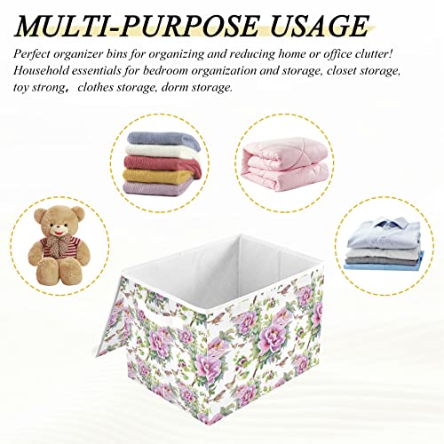 WELLDAY Purple Flowers Birds Storage Baskets Foldable Cube Storage Bin with Lids and Handle, 16.5x12.6x11.8 In Storage Boxes for Toys, Shelves, Closet, Bedroom, Nursery