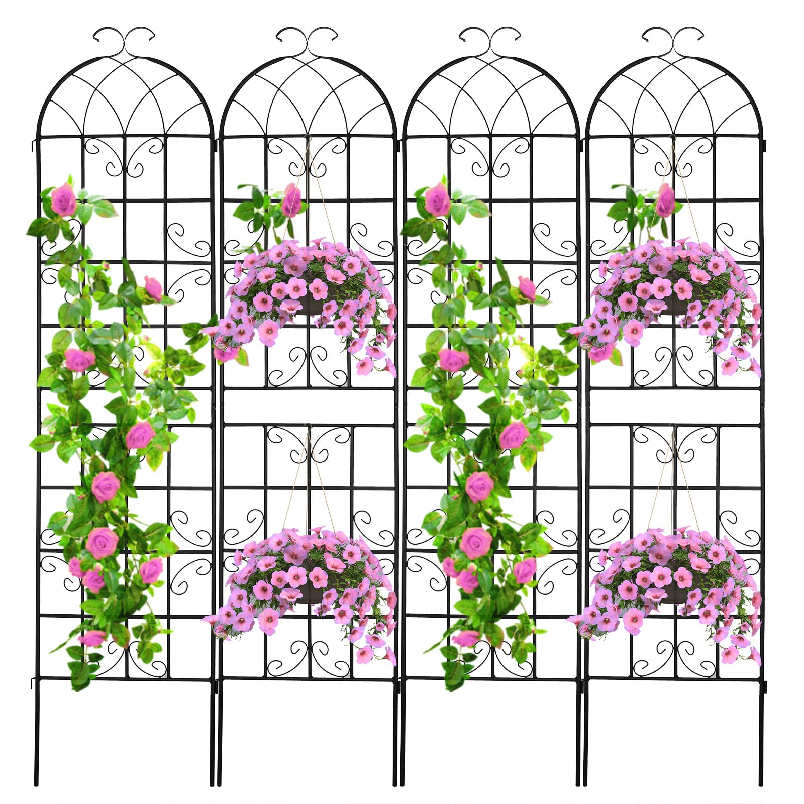 ZBPRESS 4 Pack 86.2x19.7in Metal Garden Trellis for Climbing Plants,Black Metal Garden Trellis for Vines Plant Rose Vegetable Support,Large Decorative Outdoor Trellis