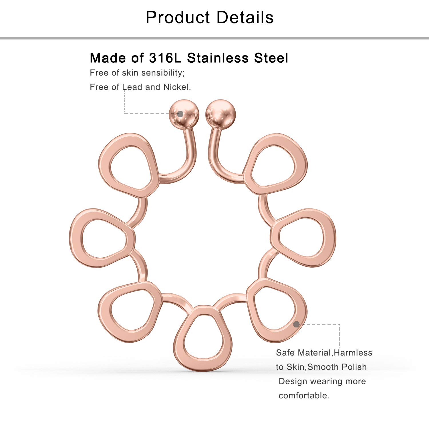 Lcolyoli Fake Nipplerings Piercing Jewelry Adjustable Clip On Nipple Rings Stainless Steel Non Piercing Women Rose Gold