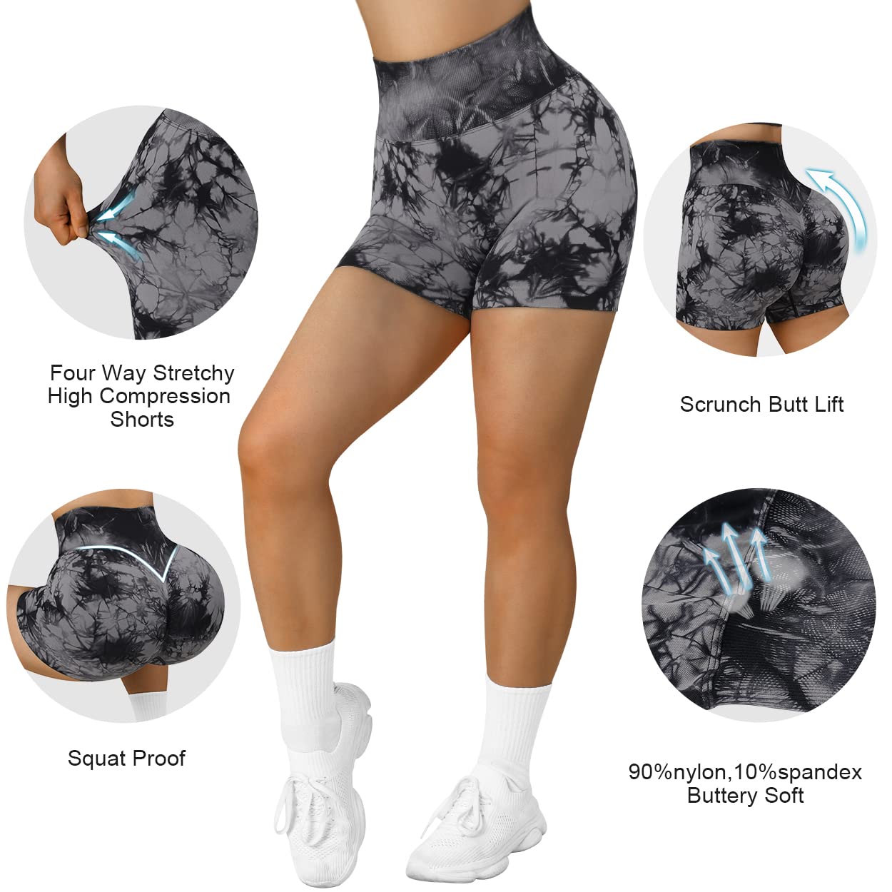 MOSHENGQI Women Booty Workout Shorts High Waisted Gym Yoga Seamless Shorts(M,3" Black Tie Dye