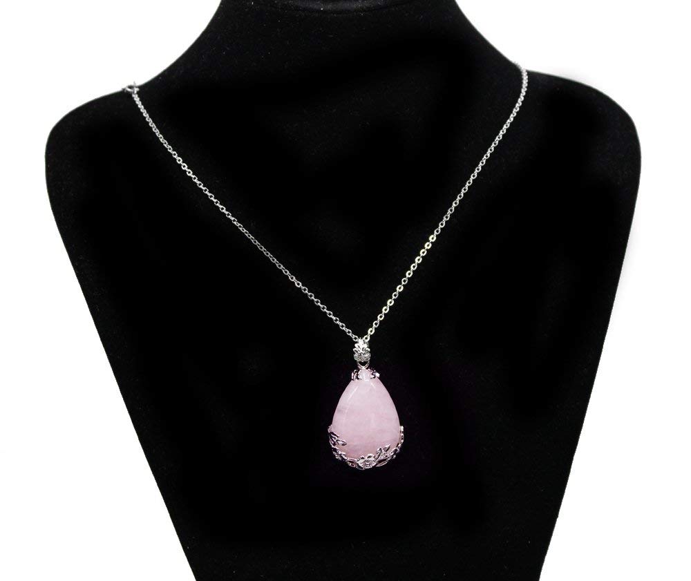 KISSPAT Natural Teardrop Rose Quartz Pendant Necklace on 20" Stainless Steel Chain