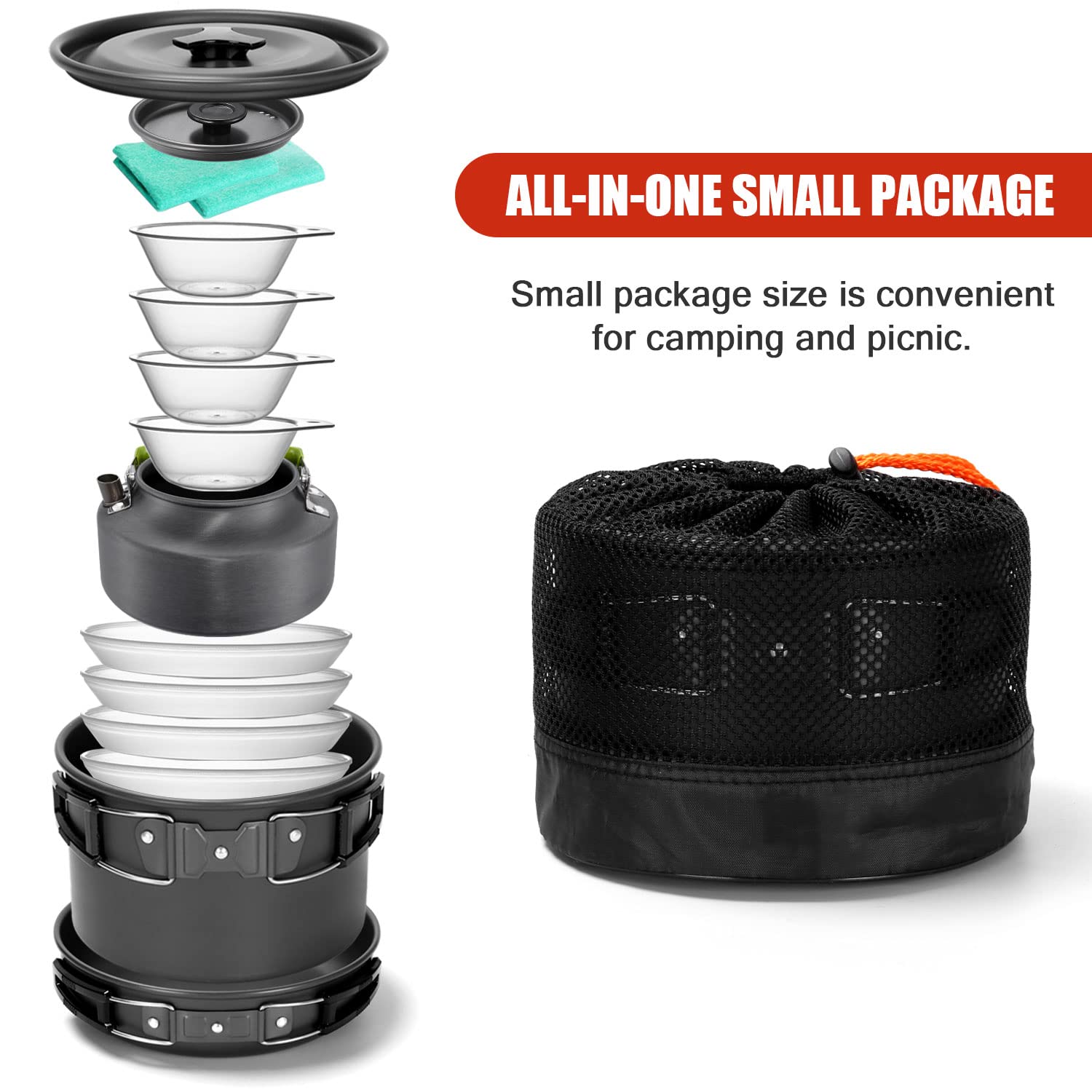 Odoland 15pcs Camping Cookware Mess Kit, Camping Cooking Set, Portable Nonstick Camp Pots and Pans Set with Kettle, Plates Bowls for Outdoor Camping, Picnic, Hiking, Backpacking