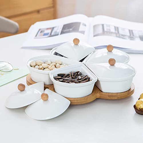 WMM 11 Inch Ceramic Divided Serving Dishes with Bamboo Tray and Lids, 5 Removable Snack Bowls Relish Tray for Candy, Nut, Fruits, Chips and Dip