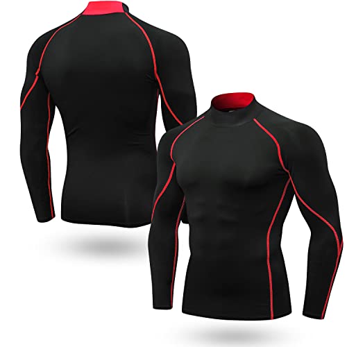 Odoland 3 Pack Mens Long Sleeve Compression Shirts, Mock Turtleneck Shirts, Active Workout Cool Dry Athletic Base Layer Top, Black+Grey/Black+Blue/Black+Red, L