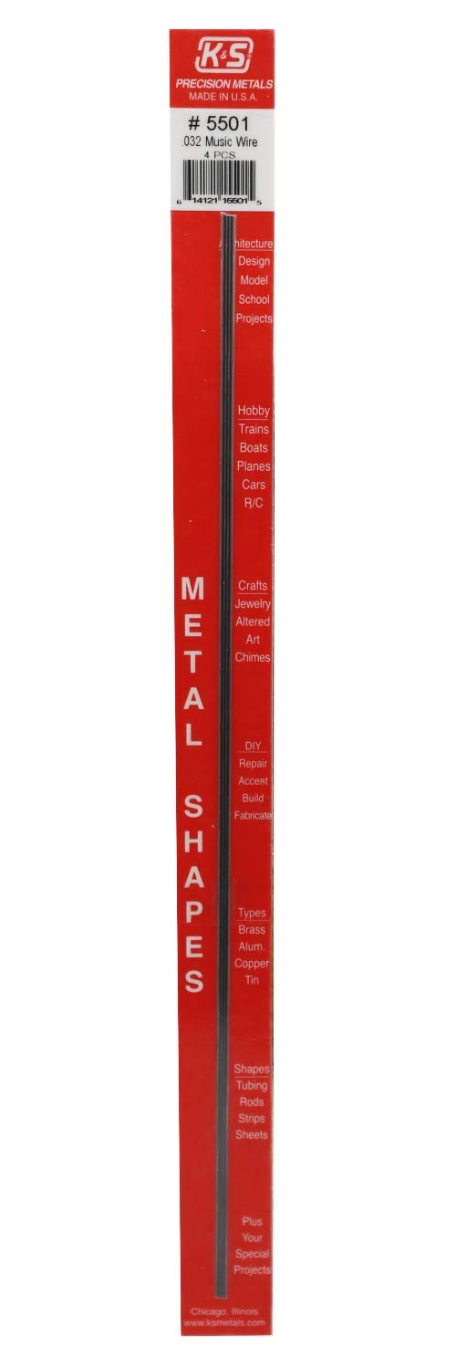 K&S Precision Metals 5501 Music Wire, 0.032" OD x 12" Long, 4 Pieces, Made in The USA