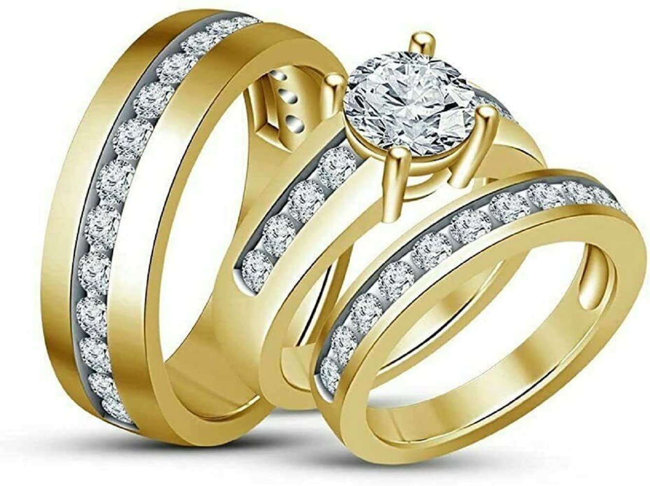 Palaksh Round Cut White Diamond 925 Sterling Silver 14K Yellow Gold Over Diamond Wedding Engagement Bridal Trio Ring Set for Him & Her