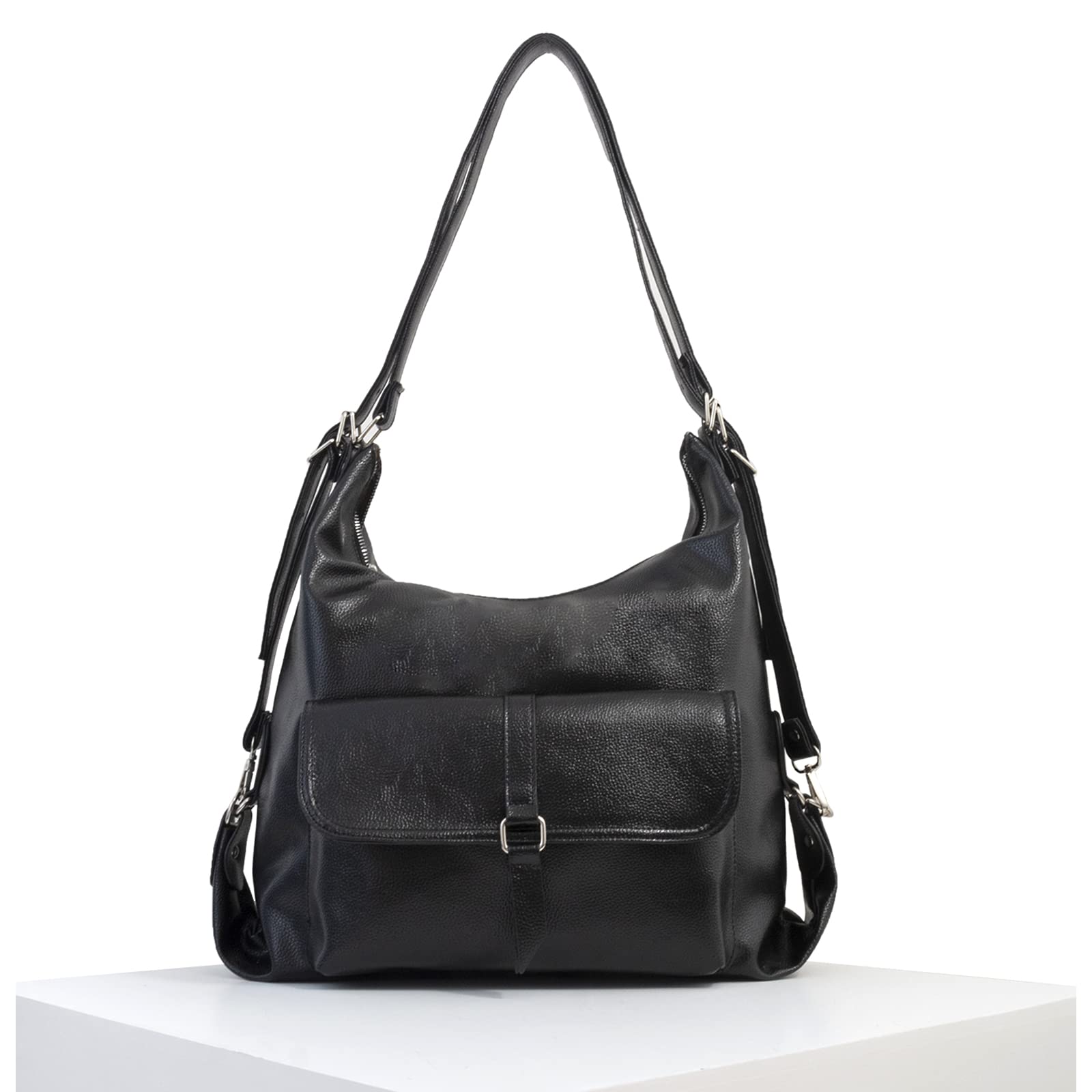 QTKJ Leather Backpack, Large Leather Shoulder Bag, Vegan Leather handbags with Adjustable Shoulder Strap, Multifunction Convertible Backpack for Women Travel Work Vacation, Black