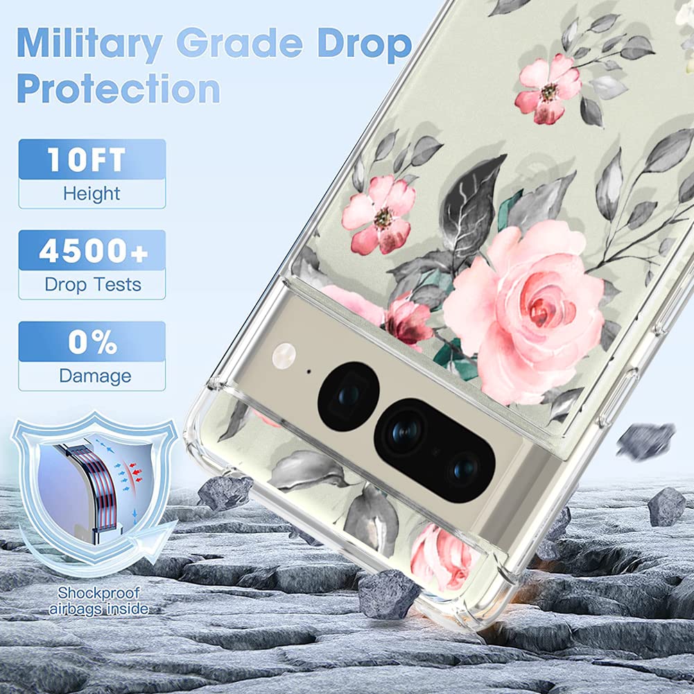 KANGHAR Compatible with Google Pixel 7 Pro Case,Clear Floral Shockproof Drop Protective Girls Women Hard Case with TPU Bumper Cover Phone Case-Pink Rose