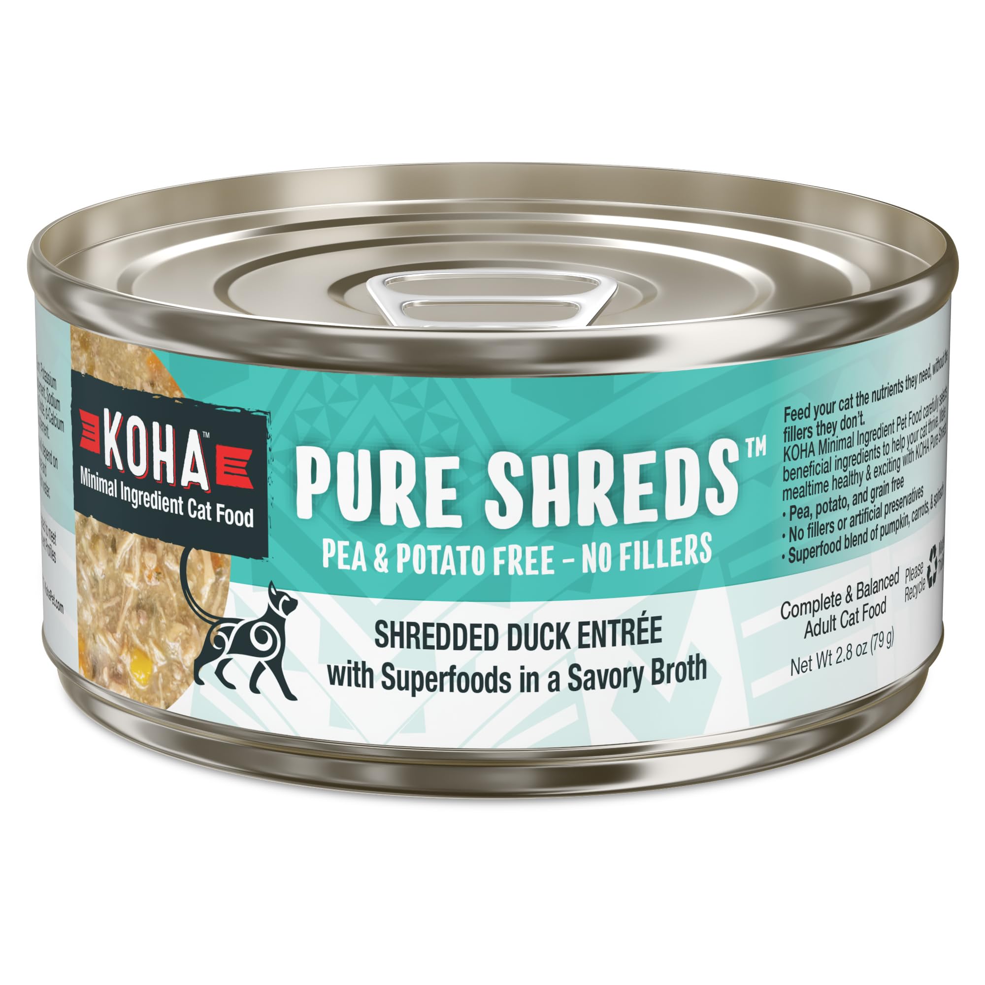 KOHA Pure Shreds Duck Entrée for Cats, Single Meat Wet Cat Food 2.8oz Cans (Pack of 24)