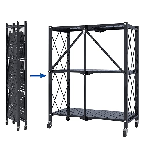 Wellynap 3-Tier Foldable Standing Shelf, Metal Rack Storage Shelving Units with Rolling Wheels, Moving Easily Organizer Shelves Great for Garage Kitchen, Black