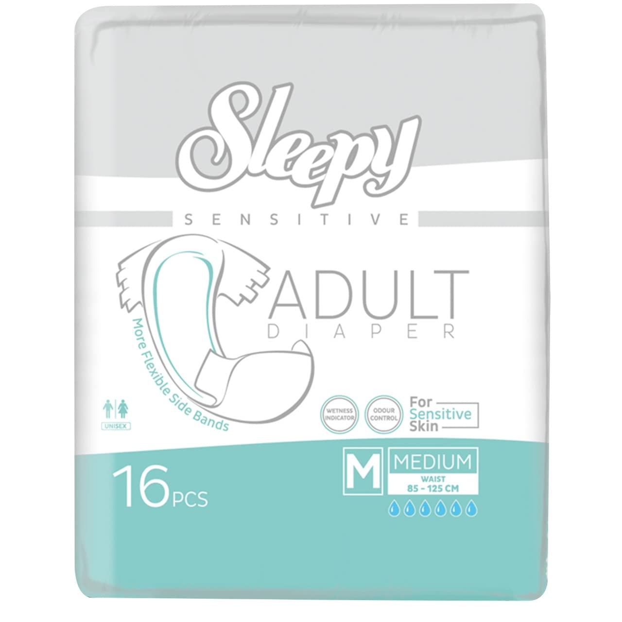 Sleepy Adult Diapers, Unisex for Sensitive Skin, Odour Control, Wetness Indicator, Comfortable &Adjustable, Maximum Absorbency & Leak Protection, Medium- 85-125 cm,Count-16PCs|SOHO
