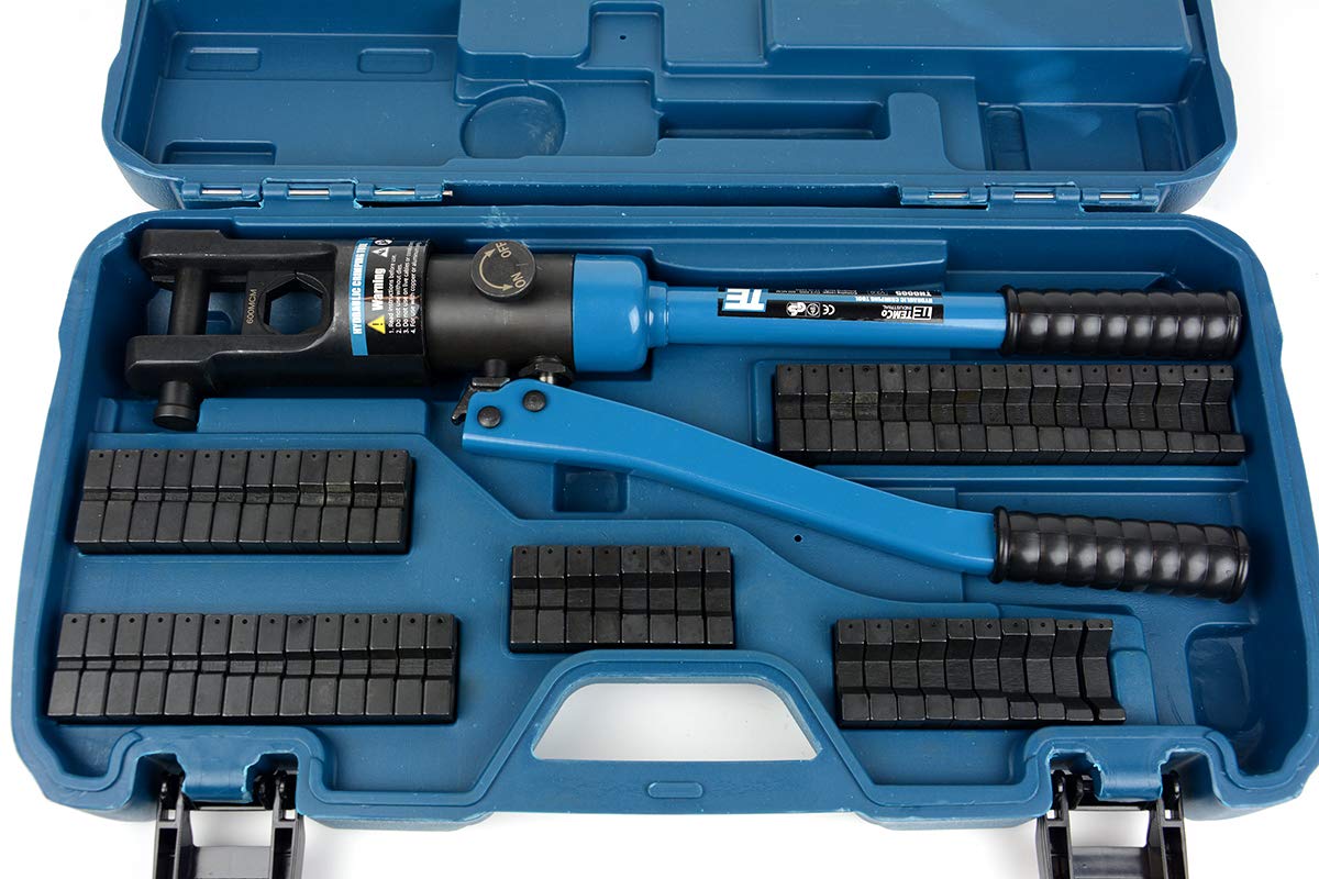 TEMCo Industrial Hydraulic Cable Lug Crimper TH0005 V2.0 (11 US TON) 10 AWG to 600 MCM Electrical Terminal Cable Wire Tool Kit with 32 Die Sets