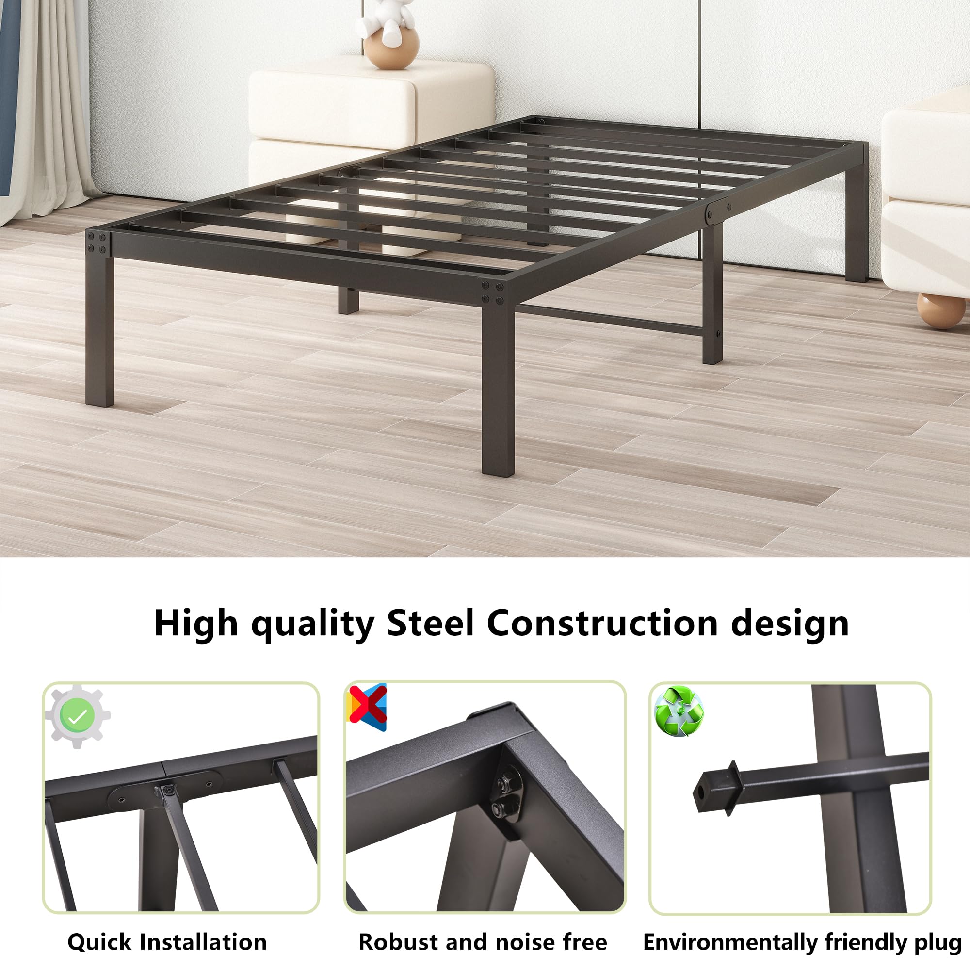 JUISSANO 14 Inch Twin Bed Frames, Heavy Duty Metal Platform Bed Frame Twin Size, No Box Spring Needed, with Storage, Double Reinforcement Noise Free, Textured Black